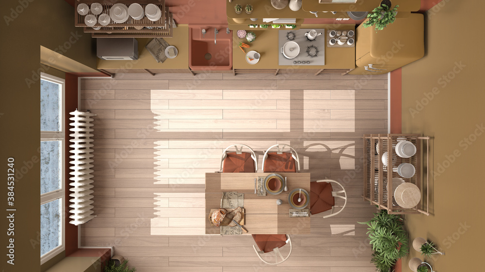 Country kitchen, eco interior design in orange tones, sustainable ...