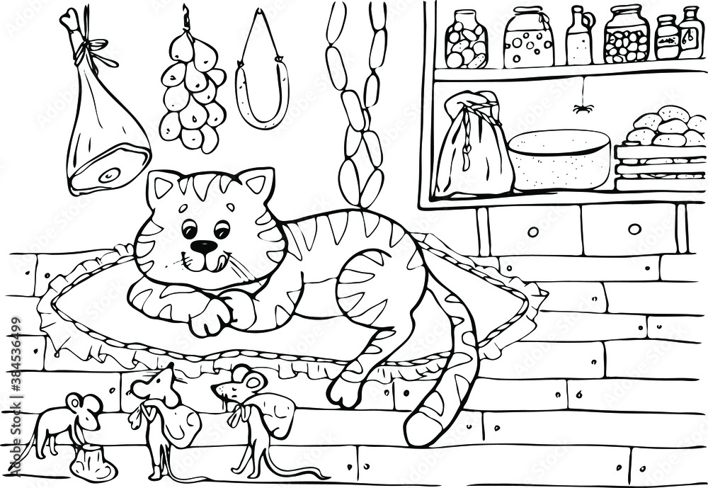 coloring book, page for coloring with a cat and mice, cat guards ...