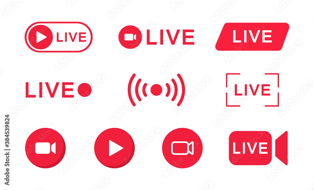 Live streaming icon set. Live stream red logo. Broadcasting online ...