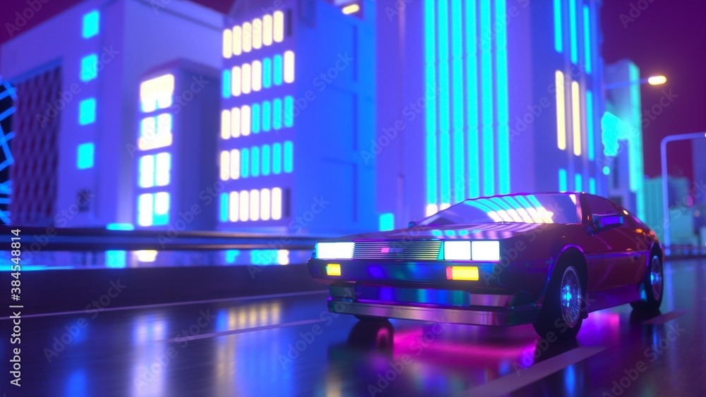 80s retro background 3d illustration. Futuristic car drive through neon ...