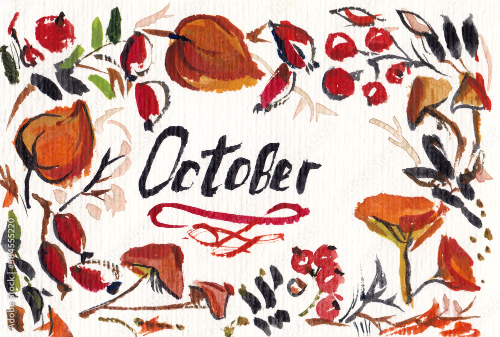 Watercolor drawing of October greeting card Stock Illustration | Adobe ...