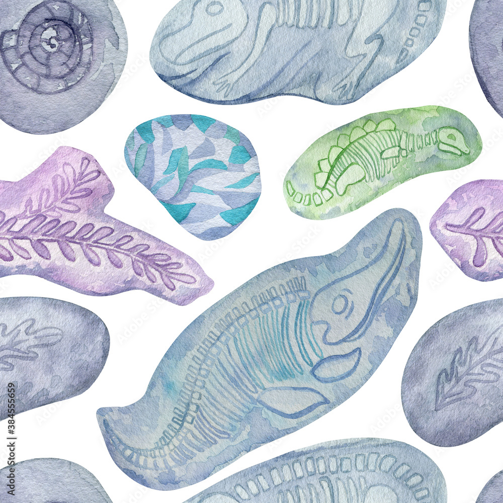 Colorful fossils clip-art watercolor seamless pattern. Cute ...
