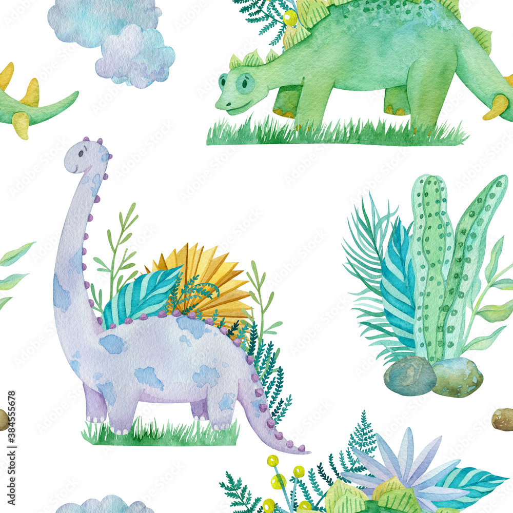 Green dinosaur clip-art with tropical leaves watercolor seamless ...