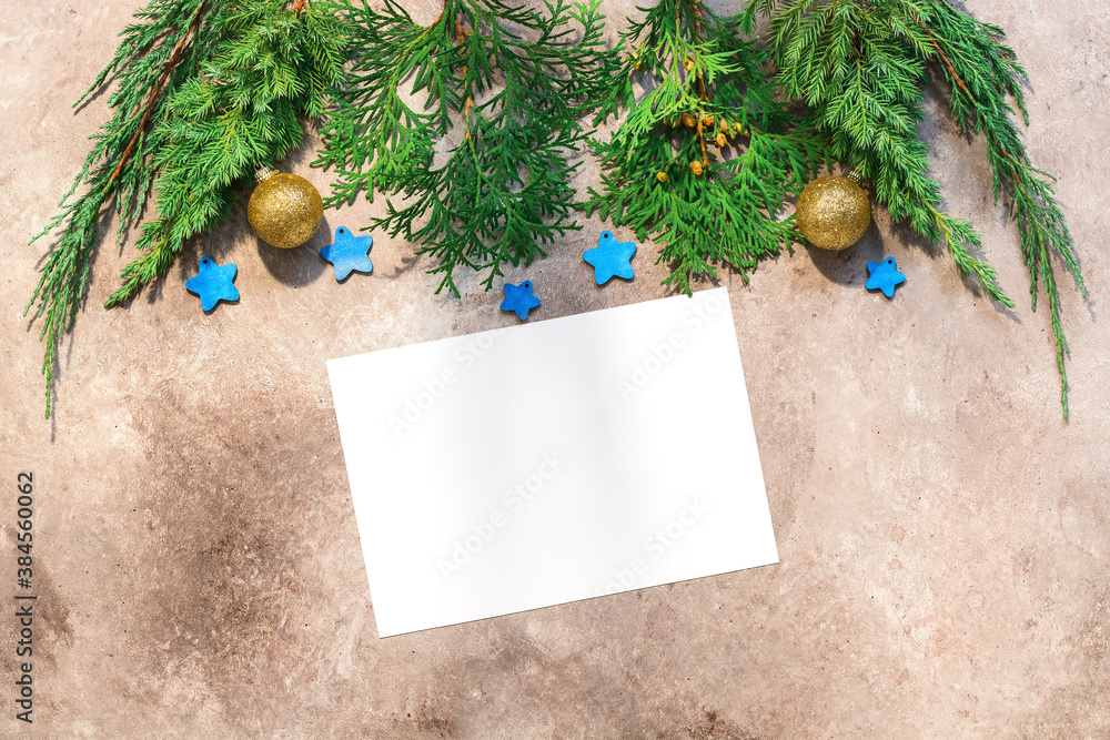 Christmas card or winter wedding invitation. Blank white paper card and ...