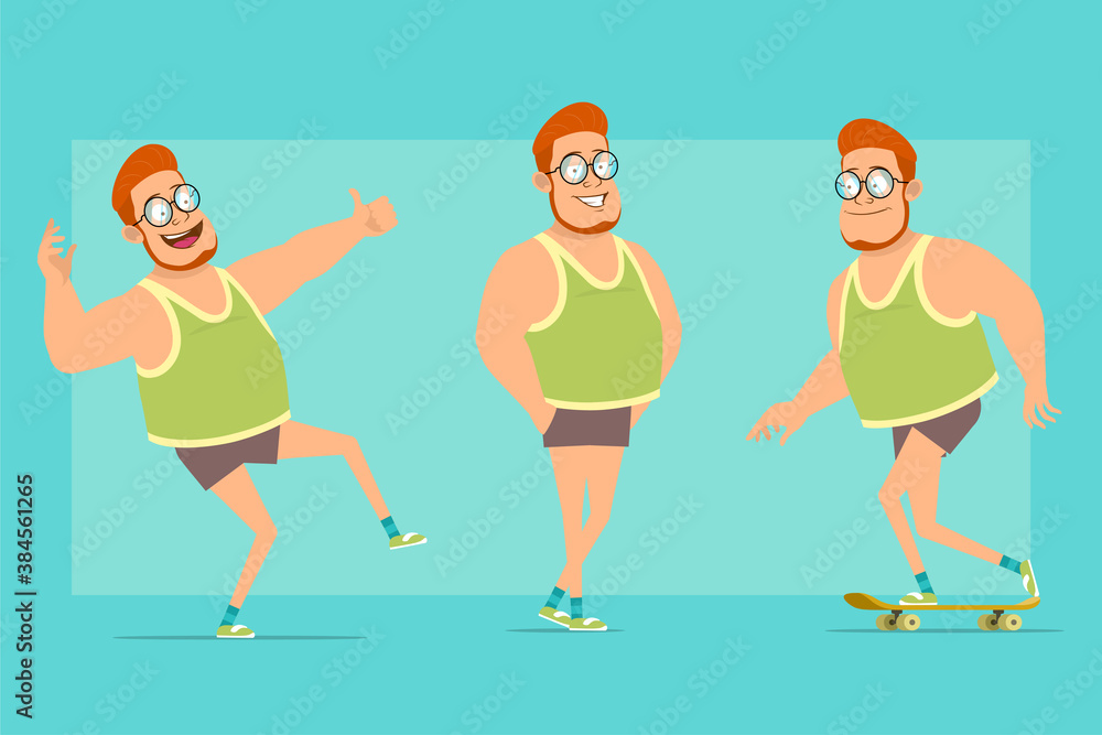 Cartoon flat funny redhead fat boy character in glasses, singlet and ...