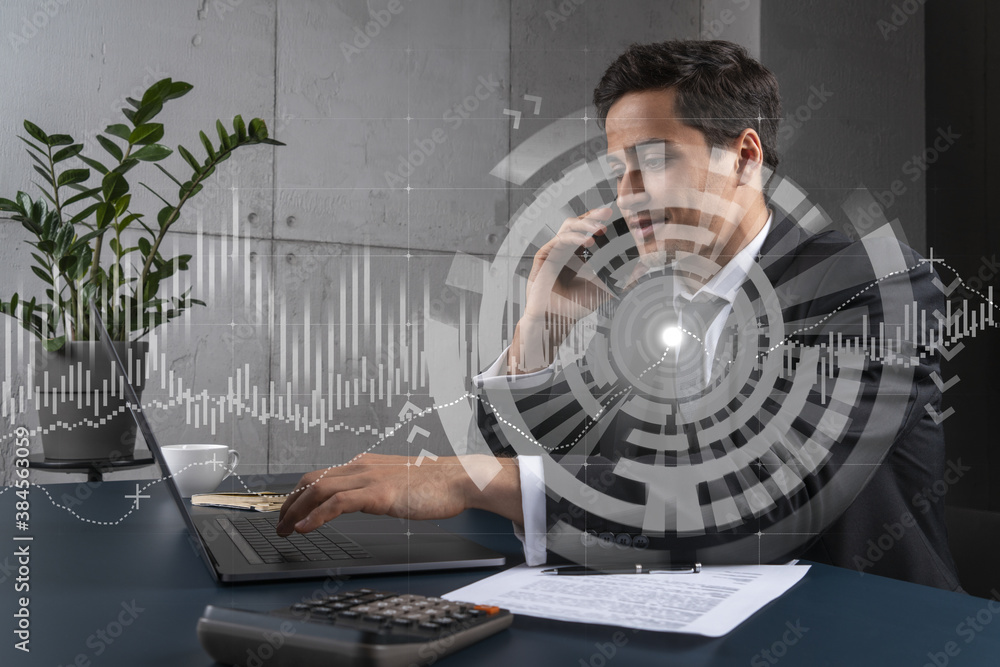 Businessman in office working with laptop technology online trading ...