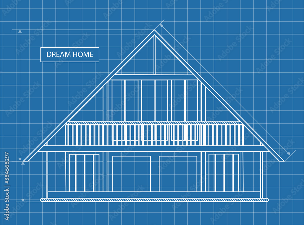 Vector illustration of a frame drawing of a house on graph paper ...