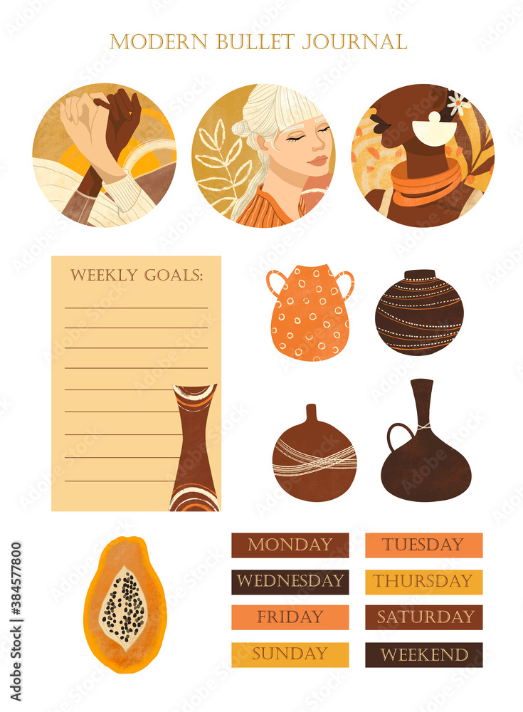 Modern bullet journal collection. Days of the week, planning, notes ...