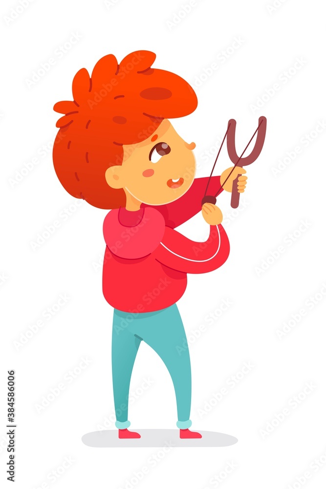 Bad kid shooting with slingshot. Little boy hitting windows, naughty ...