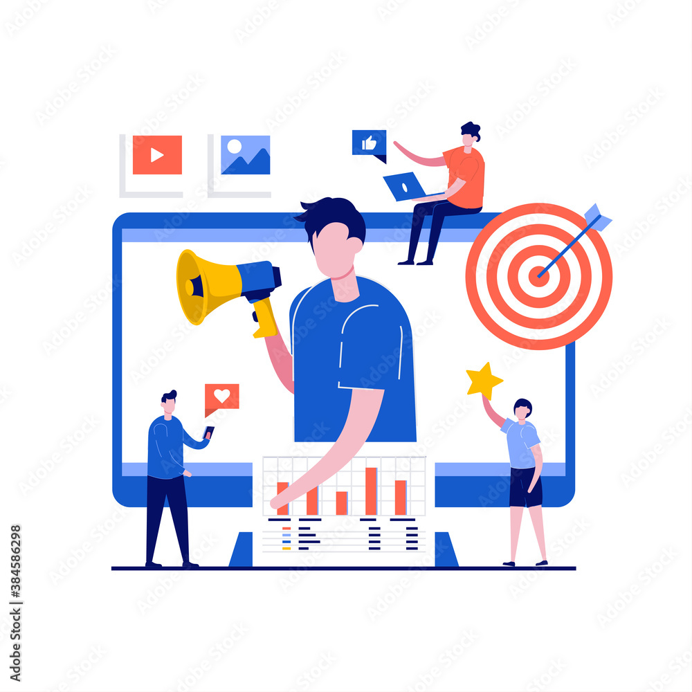 Social media marketing concept with character. SMM product or service ...