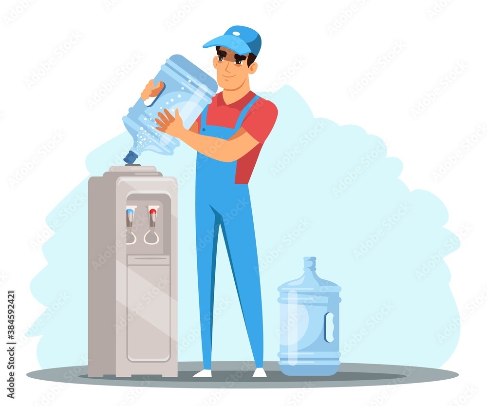Bottled water delivery flat vector illustration. Man in uniform ...