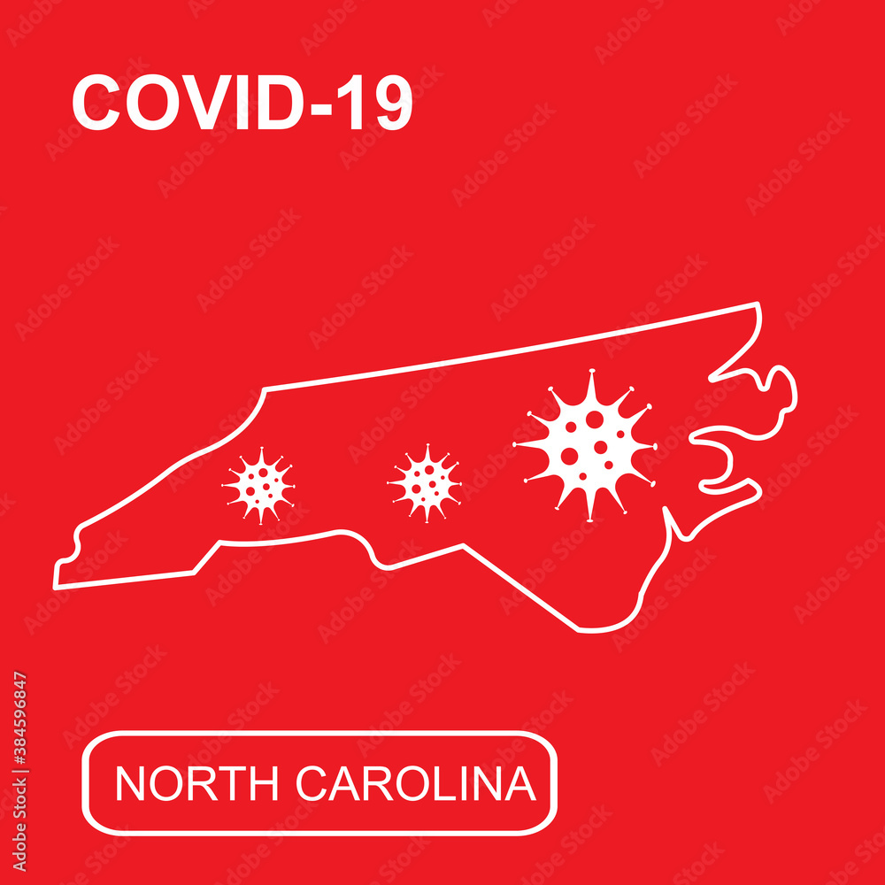 Map of North Carolina State labeled "COVID-19". White outline map on a ...