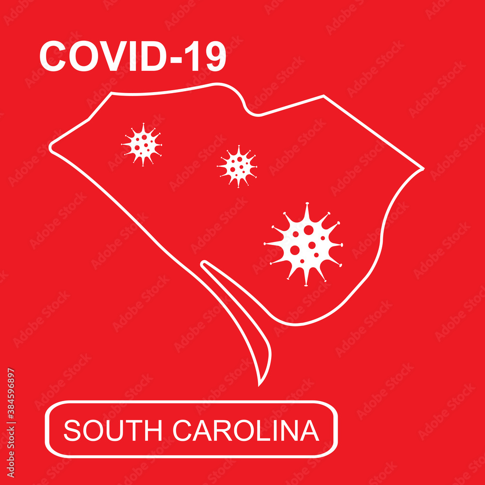 Map of South Carolina State labeled "COVID-19". White outline map on a ...