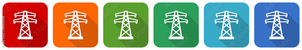 Power, energy tower icon set, flat design vector illustration in 6 ...