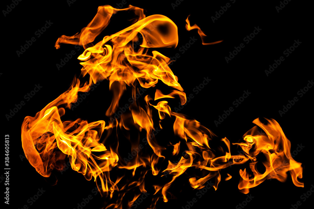 Fire flames on black background isolated. Burning gas or gasoline burns ...
