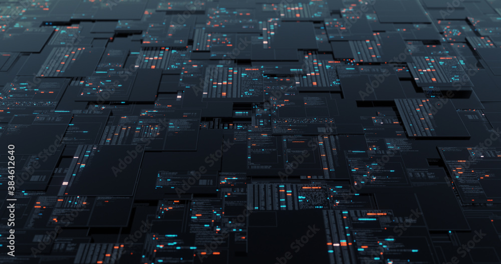 Programming code abstract technology background. flying into digital ...