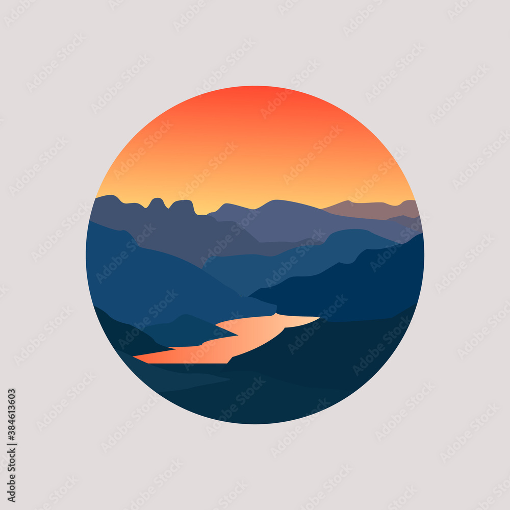 Vector mountain landscape, circle frame. Colorful art illustration ...