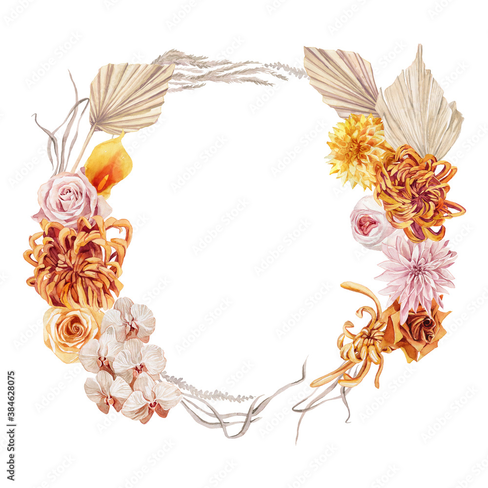 watercolor illustration, floral frame with yellow and orange flowers ...