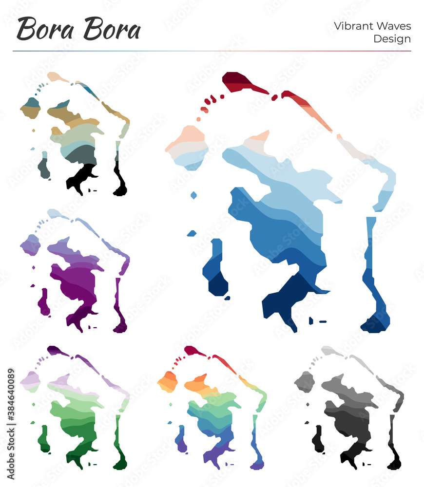Vettoriale Stock Set of vector maps of Bora Bora. Vibrant waves design. Bright map of island in ...