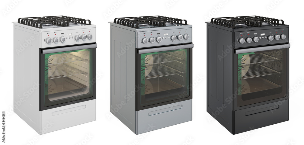 Set of freestanding gas ranges with oven, side view. 3D rendering Stock ...