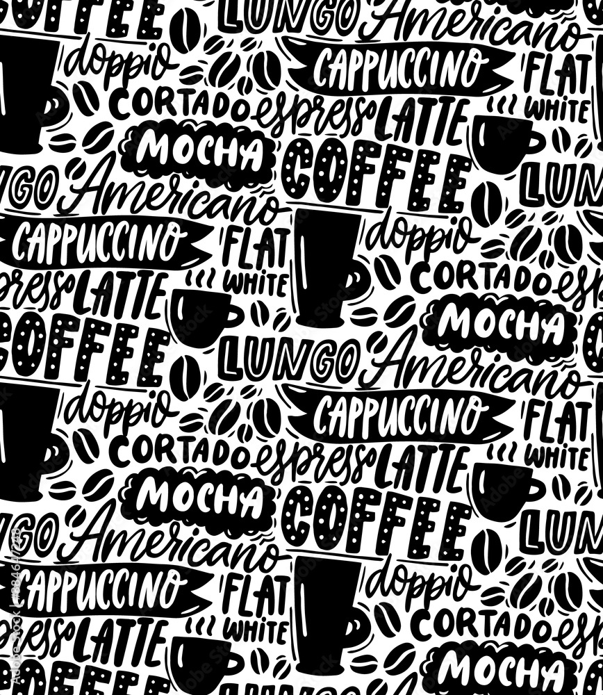 Coffee typography pattern. Seamless black and white pattern background ...