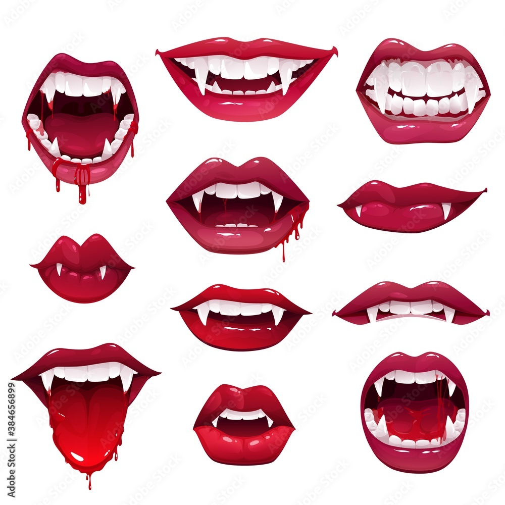 Vampire mouths and teeth vector set of Halloween horror holiday monsters. Sexy female lips with ...