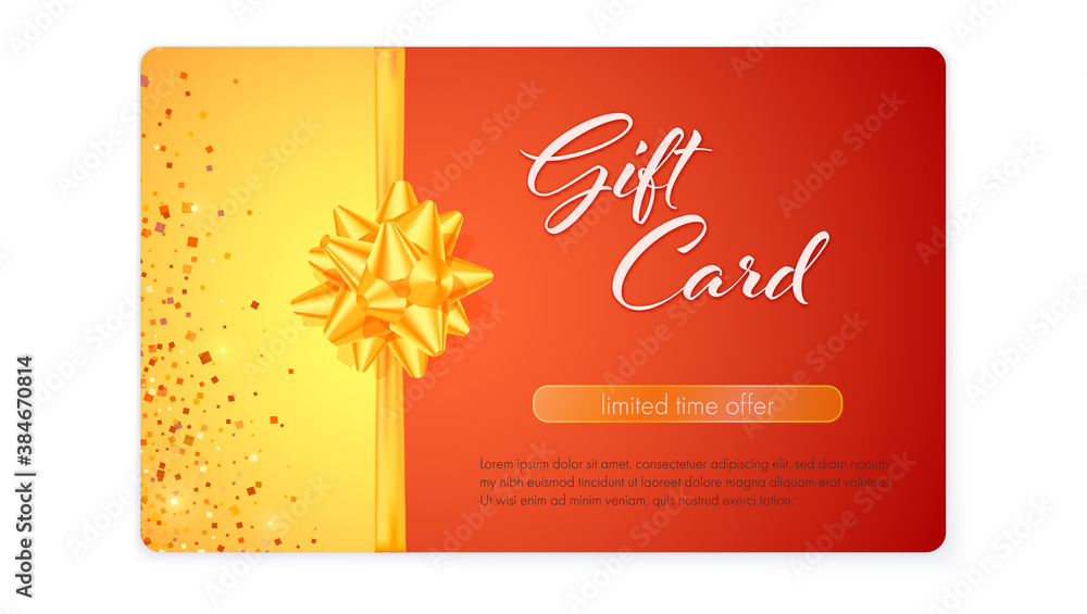 Gift card tied gold ribbon and bow. Gold and yellow color card with ...