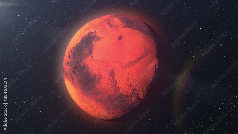 Planet Mars rotates with stars and sun flare Realistic cinematic vision ...