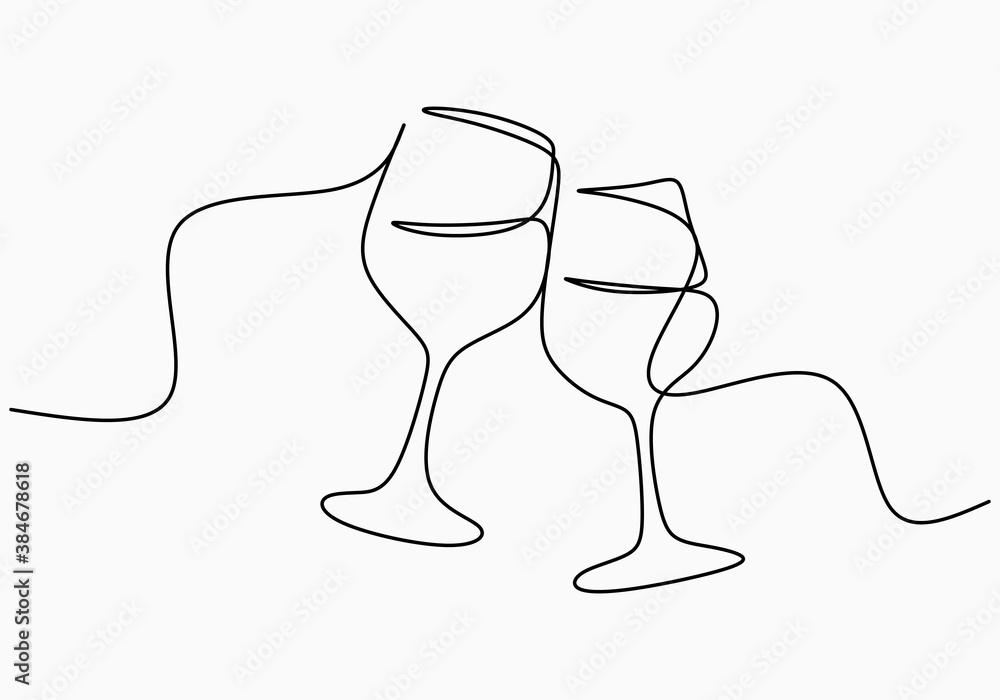 Continuous One Line Drawing Of Cheers Two Glasses For Party Celebration