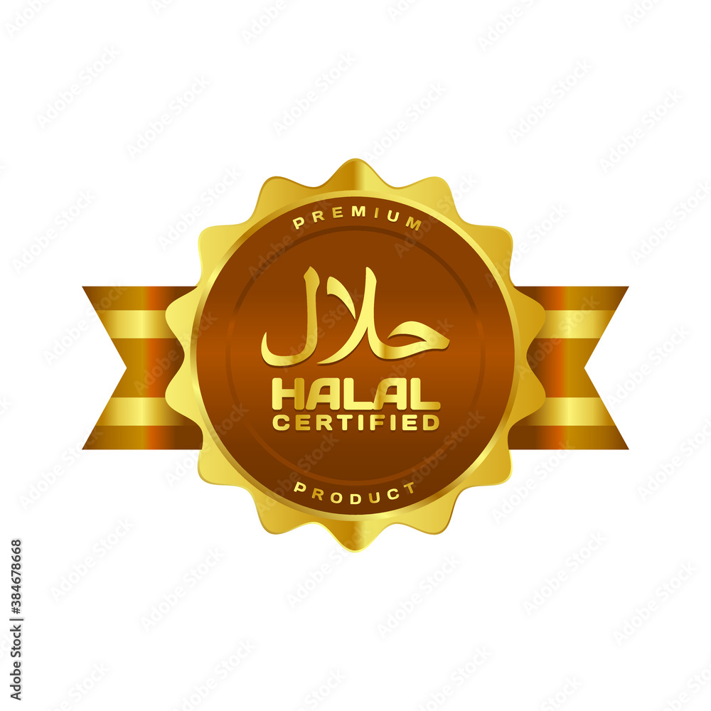 Vector golden halal-certified badges with Arabic writing and ribbon ...