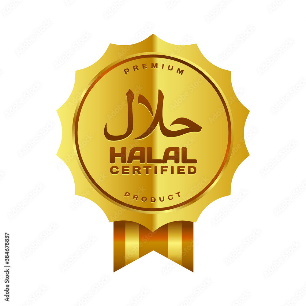 Vector golden halal-certified badges with Arabic writing and ribbon ...