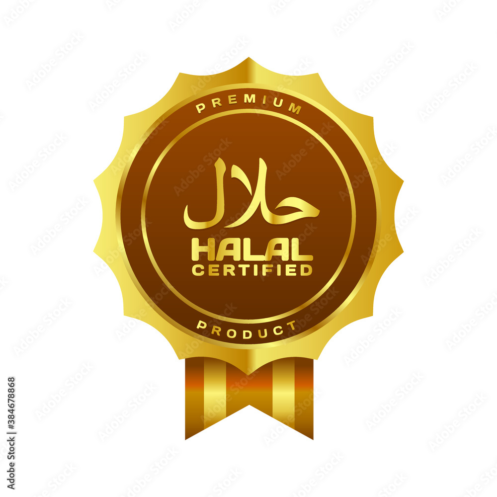 Vector golden halal-certified badges with Arabic writing and ribbon ...