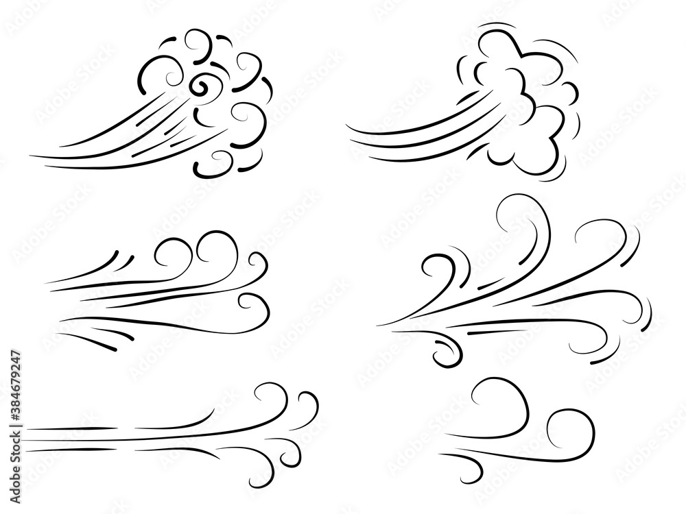 hand drawn set wind doodle blow, gust design isolated on white ...