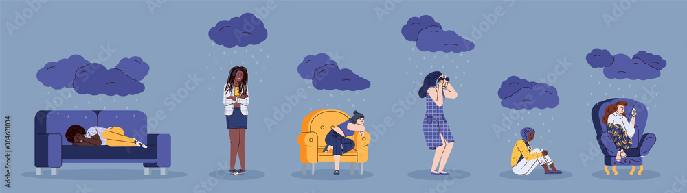 Sad and depressed women cartoon characters set, flat vector ...