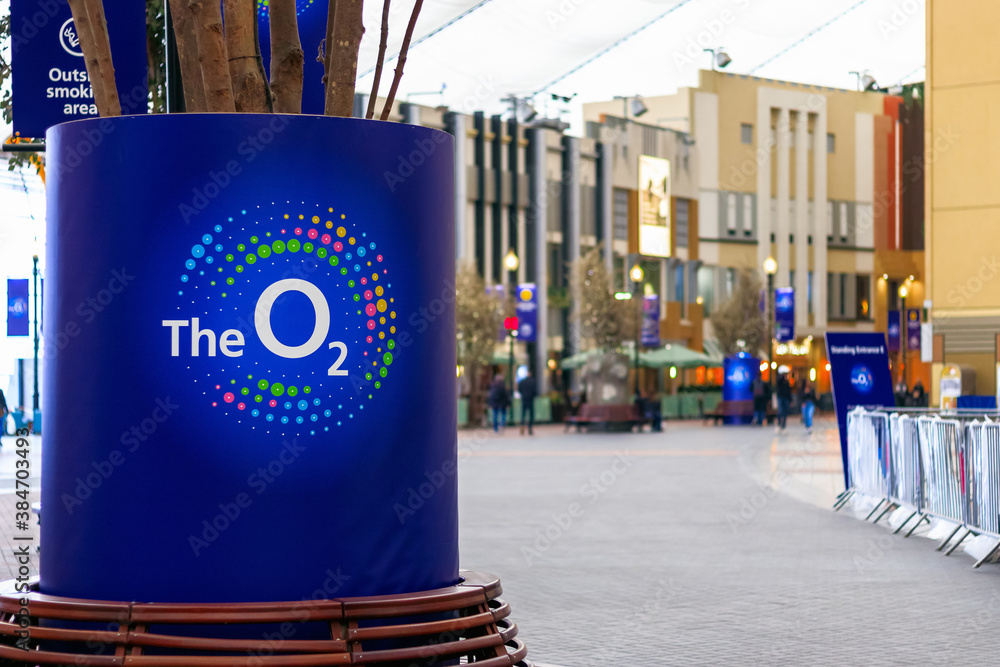 Interior of The O2 Arena with its logo in the foreground in North ...