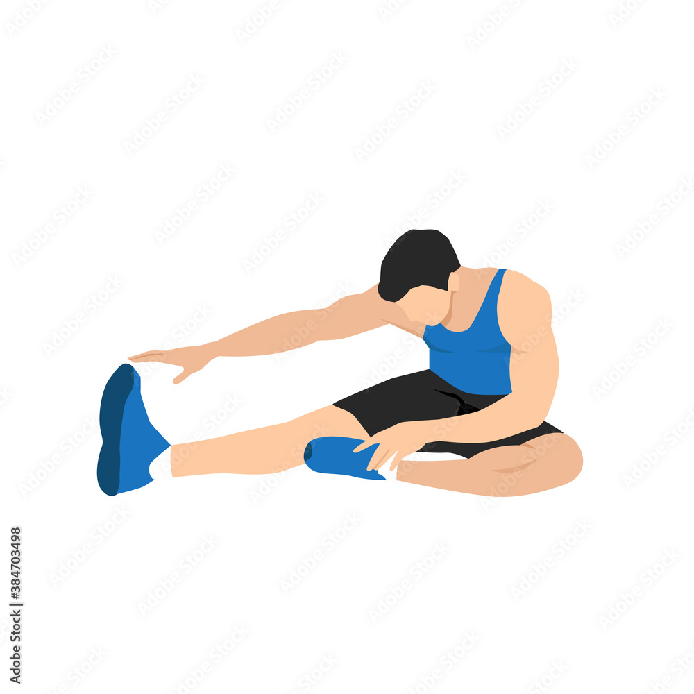 Man doing Warm up by Sitting stretching your body by touching your toes ...