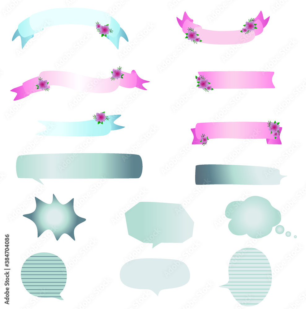 Set of ribbons with flowers decoration and banner/messages windows ...