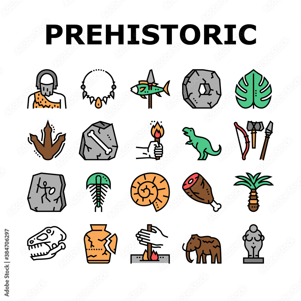 Prehistoric Period Collection Icons Set Vector. Prehistoric Plant And ...