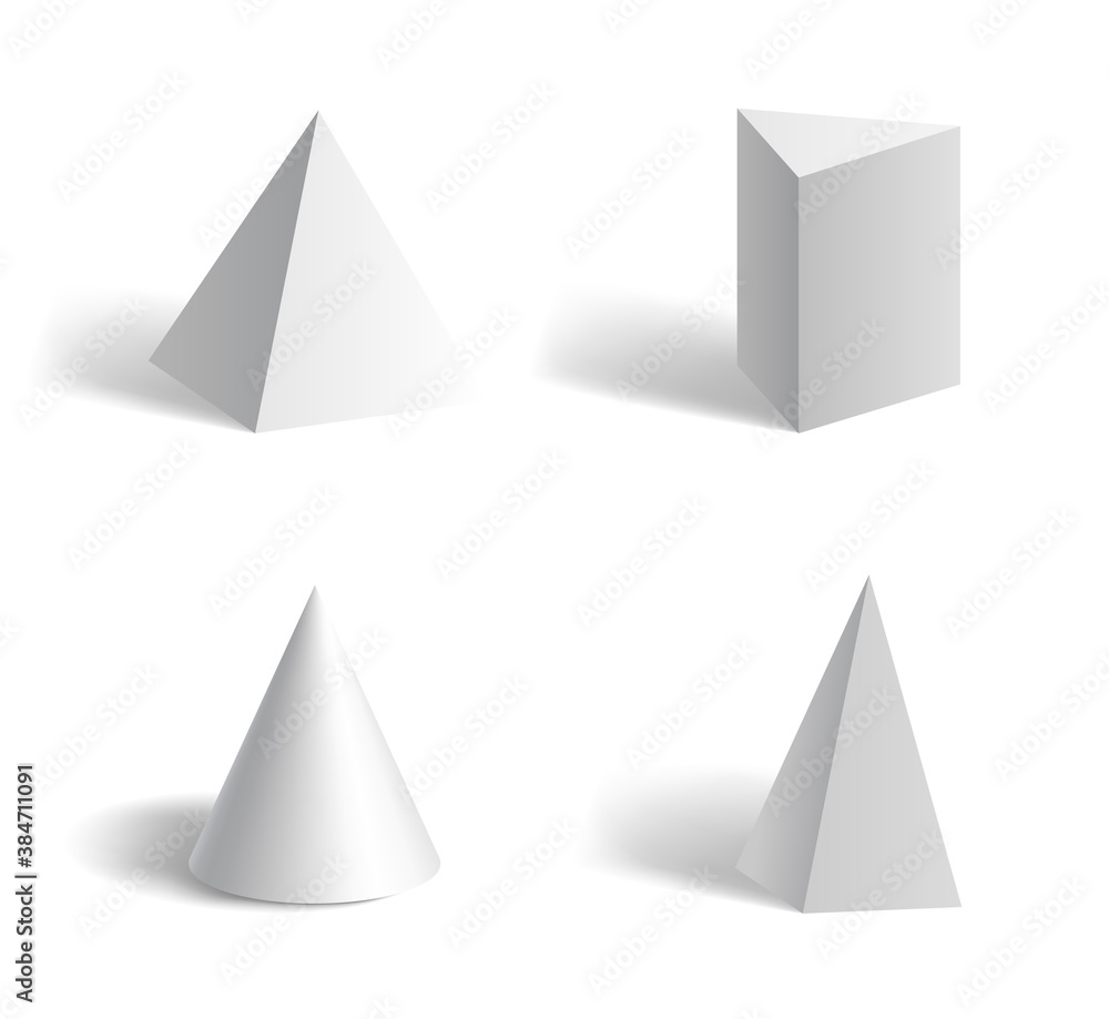 Basic 3d geometric pyramid shapes: hexagonal, pentagonal, cone white ...