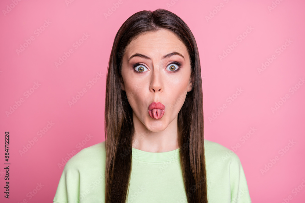 Portrait Of Funny Funky Youth Girl Show Tongue Out Comic Joke Wear Look