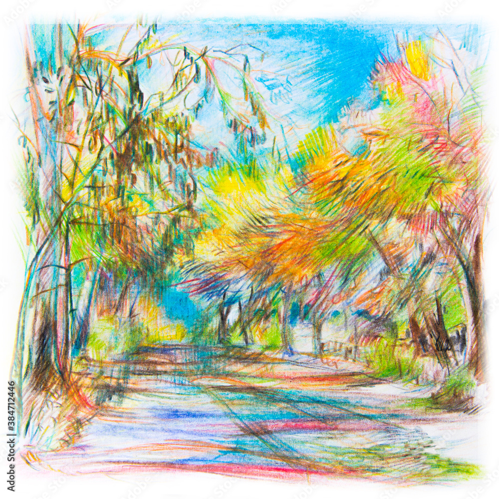 Autumn in the Park. Sunny day.Pencil drawing. Colorful illustration of ...