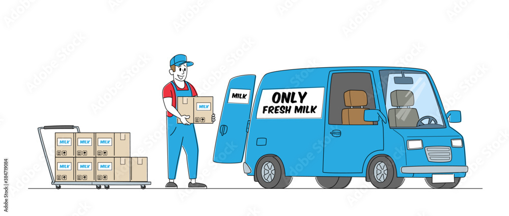 Dairy Food Delivery Service. Company Delivering Milk by Car. Worker ...