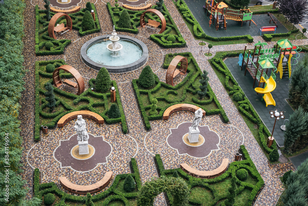 beautiful courtyard with fountains and a playground Stock Photo | Adobe ...