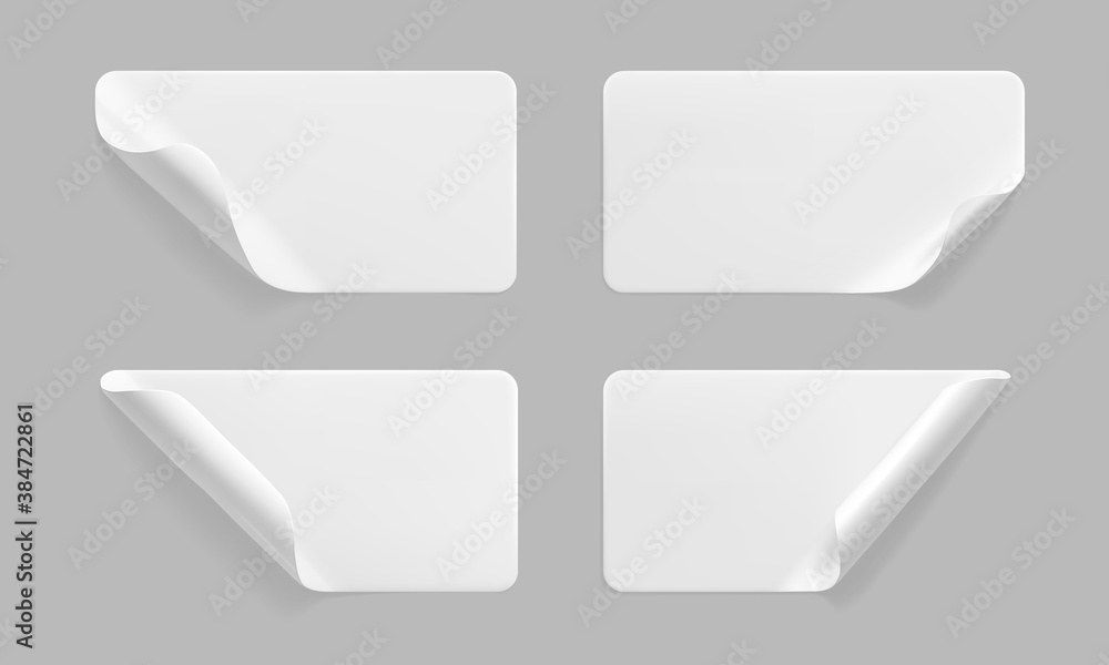 White glued rectangle stickers with curled corners mock up set. Blank ...