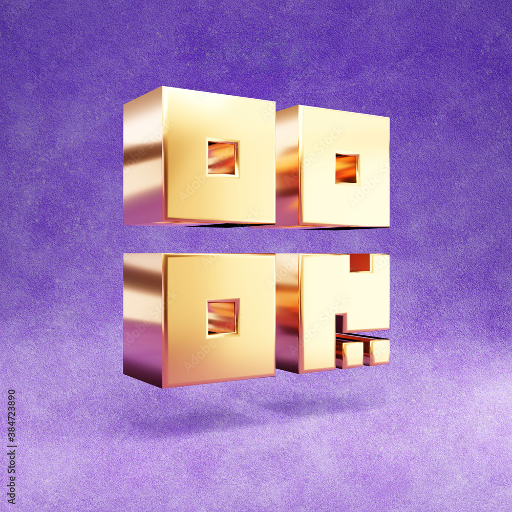 QR code icon. Gold glossy QR code symbol isolated on violet velvet ...