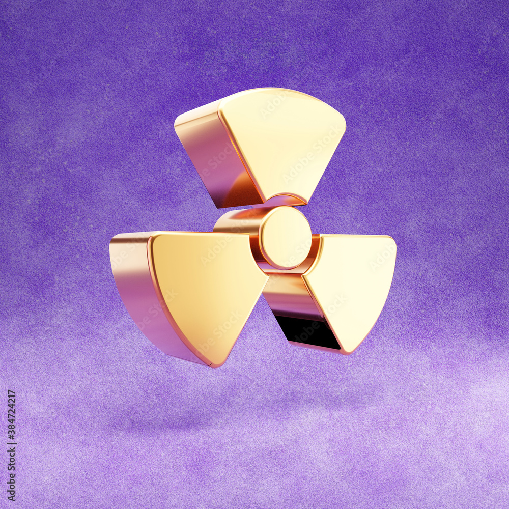 Radiation icon. Gold glossy Radiation symbol isolated on violet velvet ...