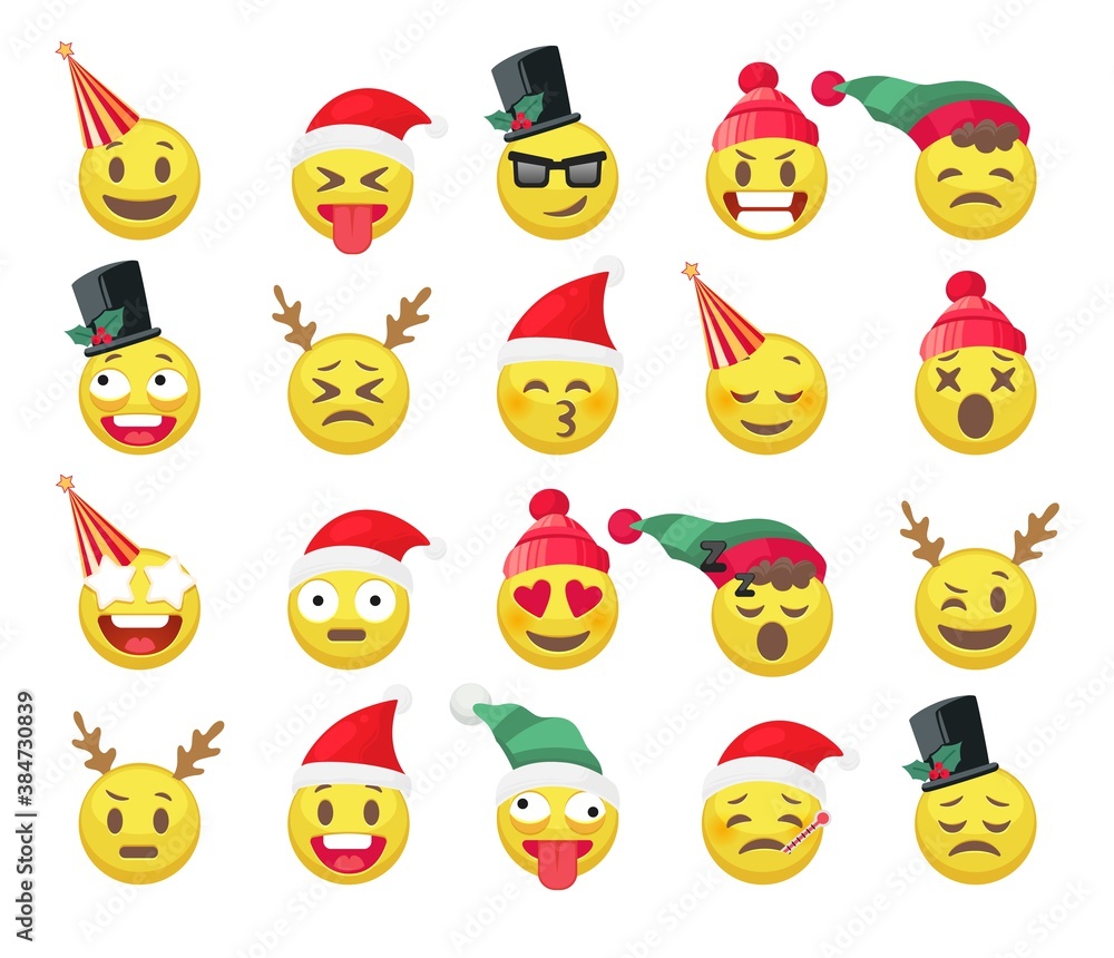 Christmas funny emoji. Cute holiday emotion yellow faces in hats or ...
