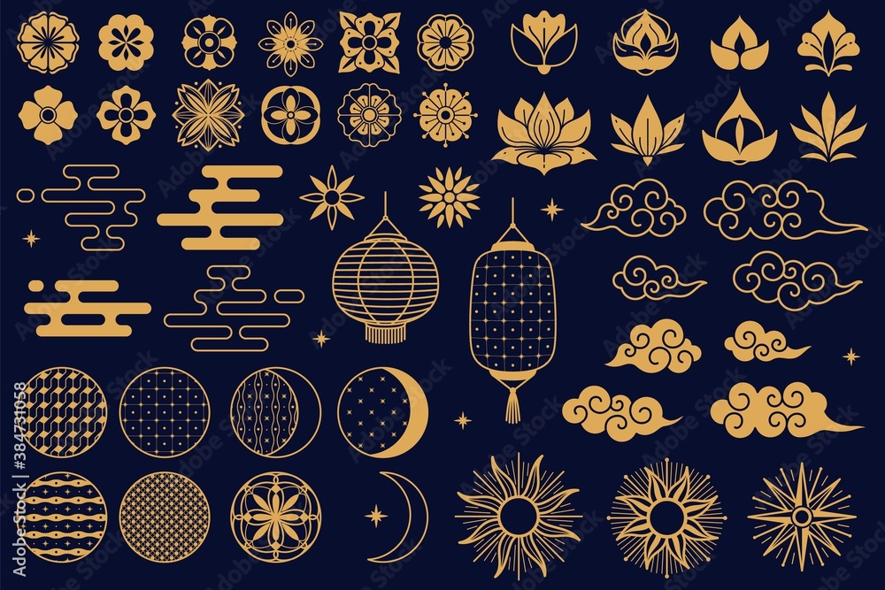 Chinese elements. Asian new year gold decorative traditional oriental ...