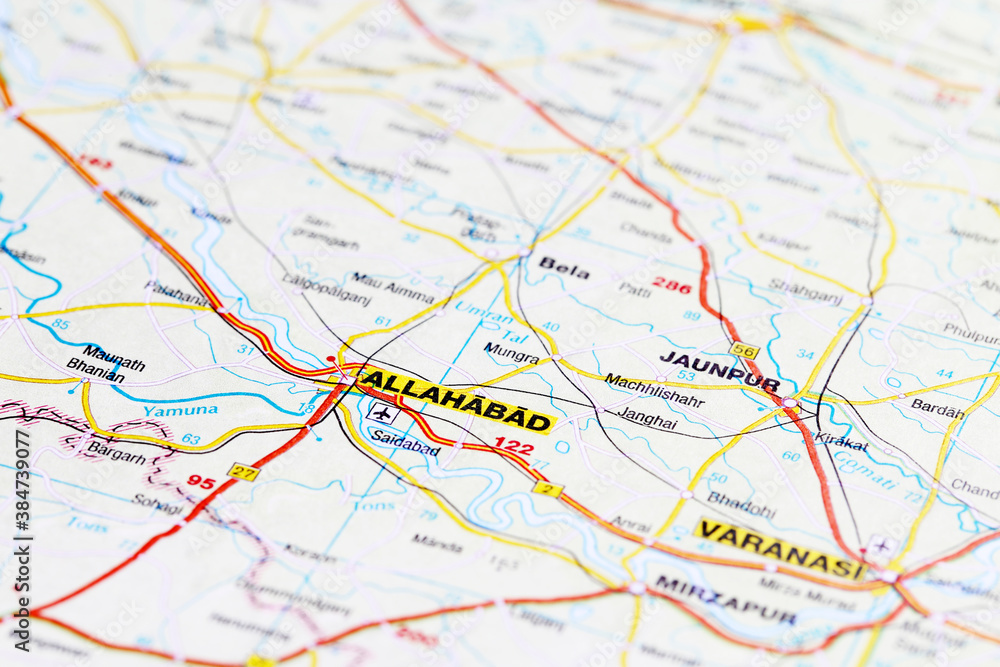 Allahabad Prayagraj city road map area. Closeup macro view Stock Photo ...