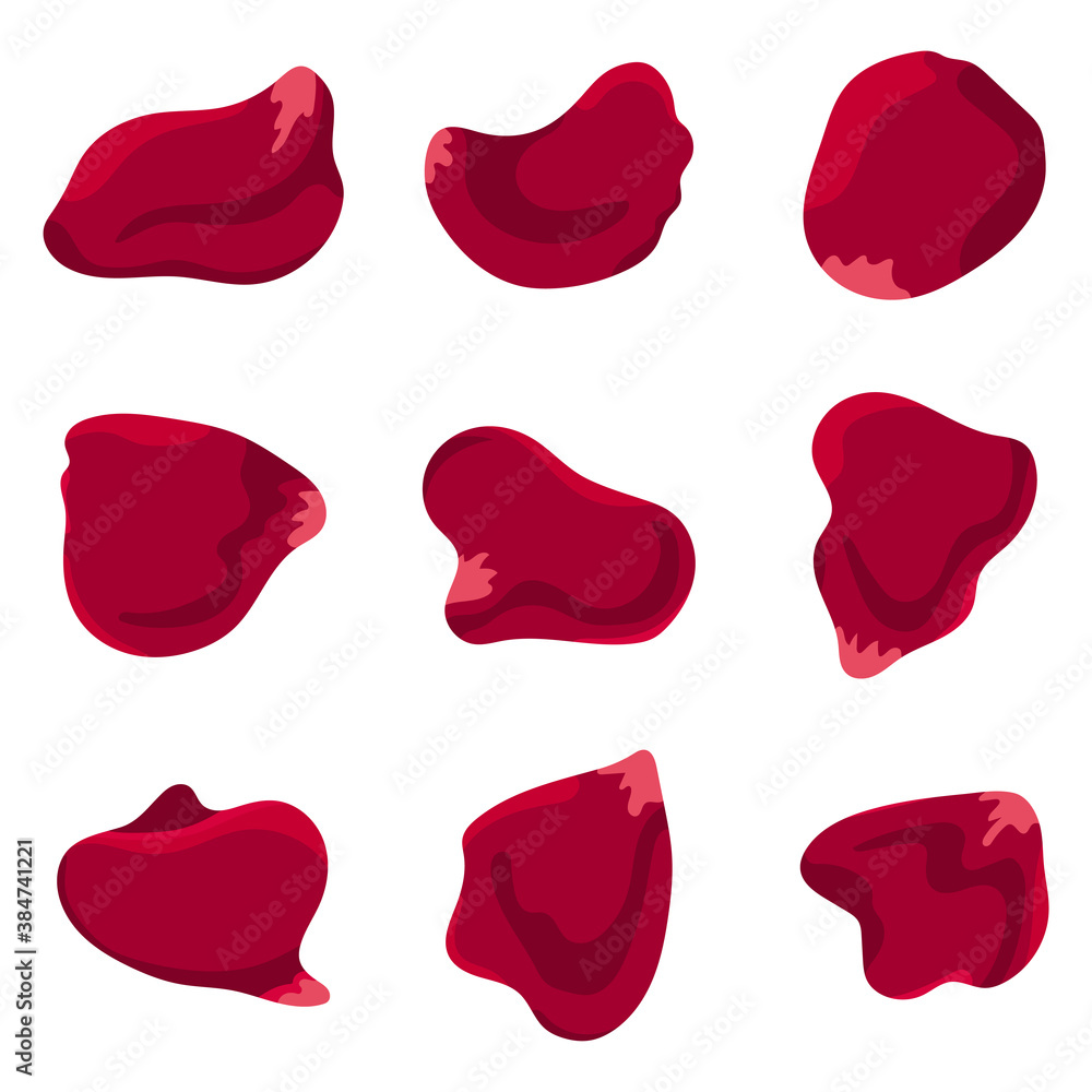 Red roses petals vector cartoon set isolated on a white background ...